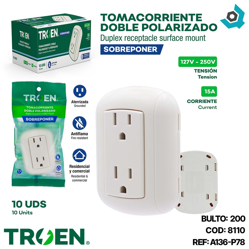 TOMACORRIENTE SUPERFICIAL BLANCO CON TIERRA 2 VIAS TROEN | Litani Import Export
