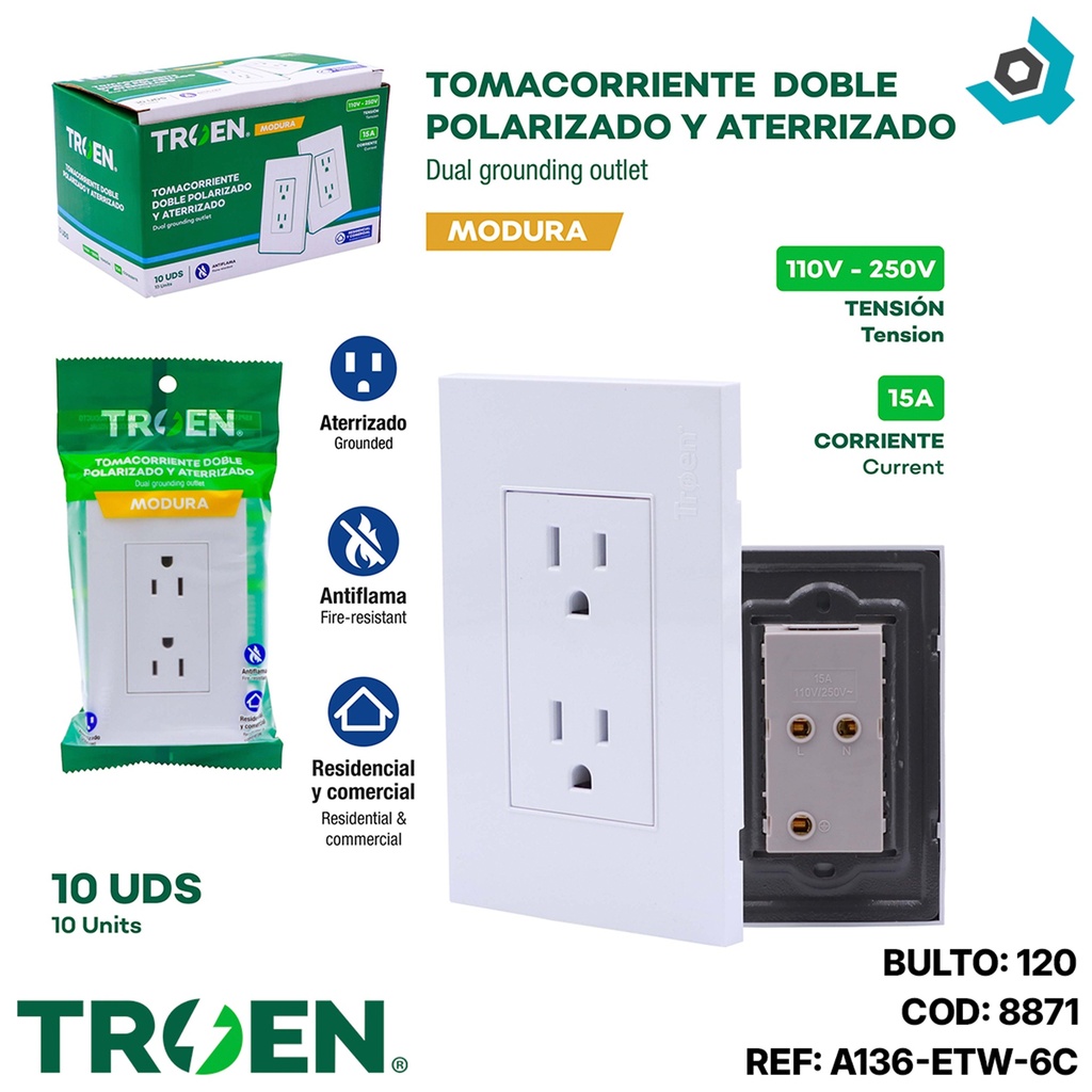 TOMACORRIENTE DOBLE BLANCO CON TIERRA TROEN | Litani Import Export