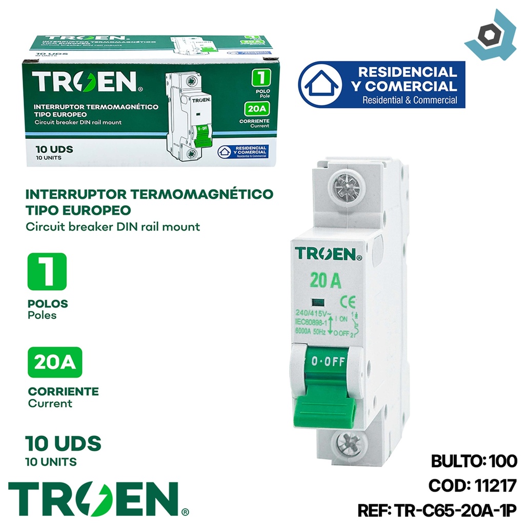 BREAKER TERMOMAGNETICO 20A 1P TIPO EUROPEO TROEN | Litani Import Export