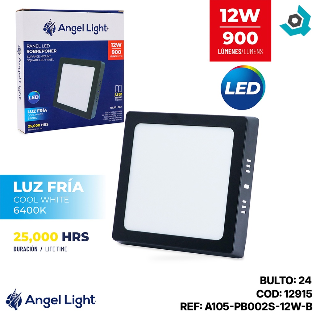 LAMPARA LED SUPERFICIAL CUADRADA 12W 6400K NEGRA ANGEL LIGHT | Litani ...