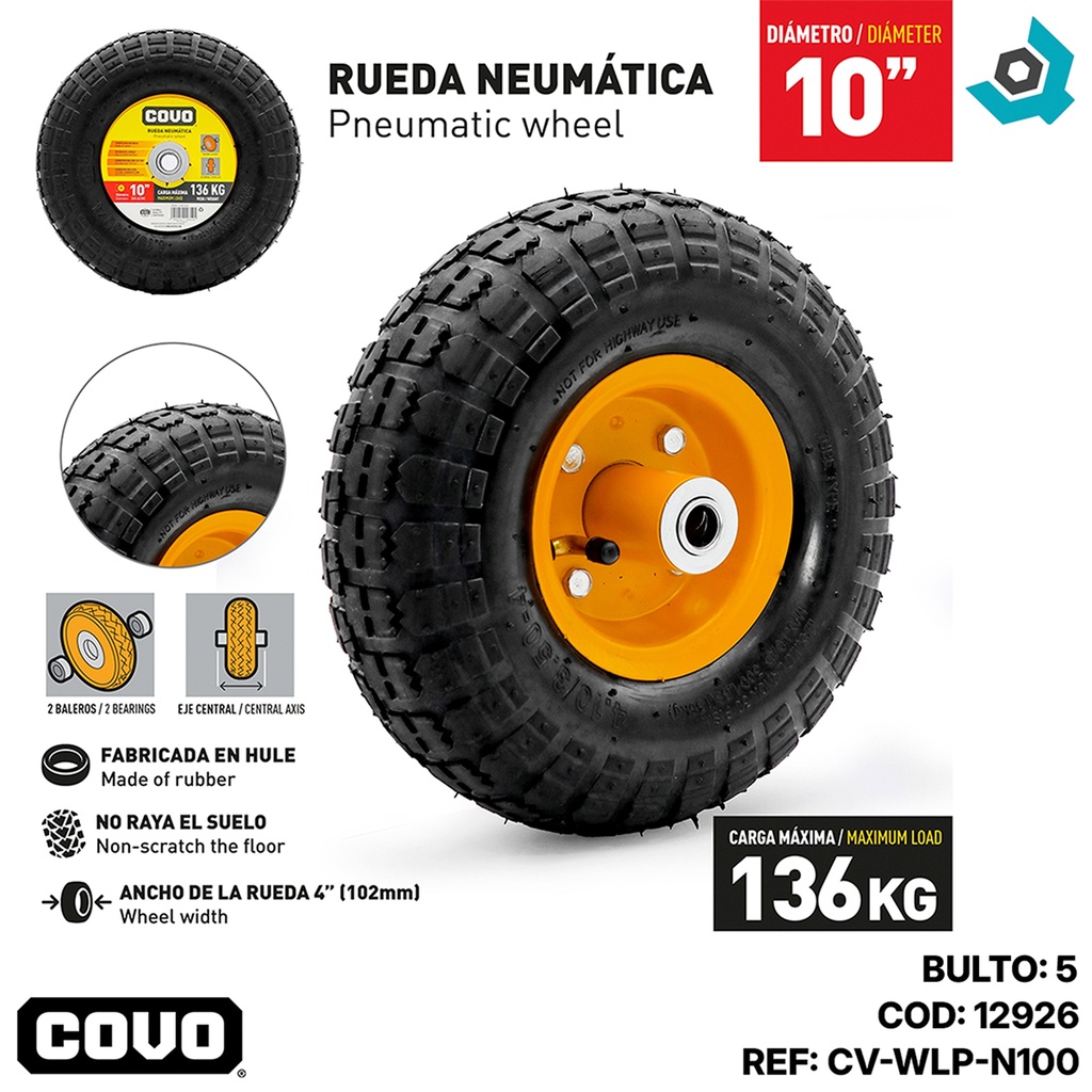 RUEDA NEUMATICA CON RIN PARA CARRETILLA 10" COVO | Litani Import Export