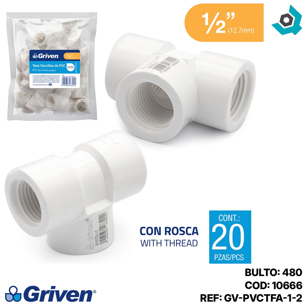 TEE SENCILLA DE PVC 1/2" CON ROSCA BLANCO GRIVEN | Litani Import Export