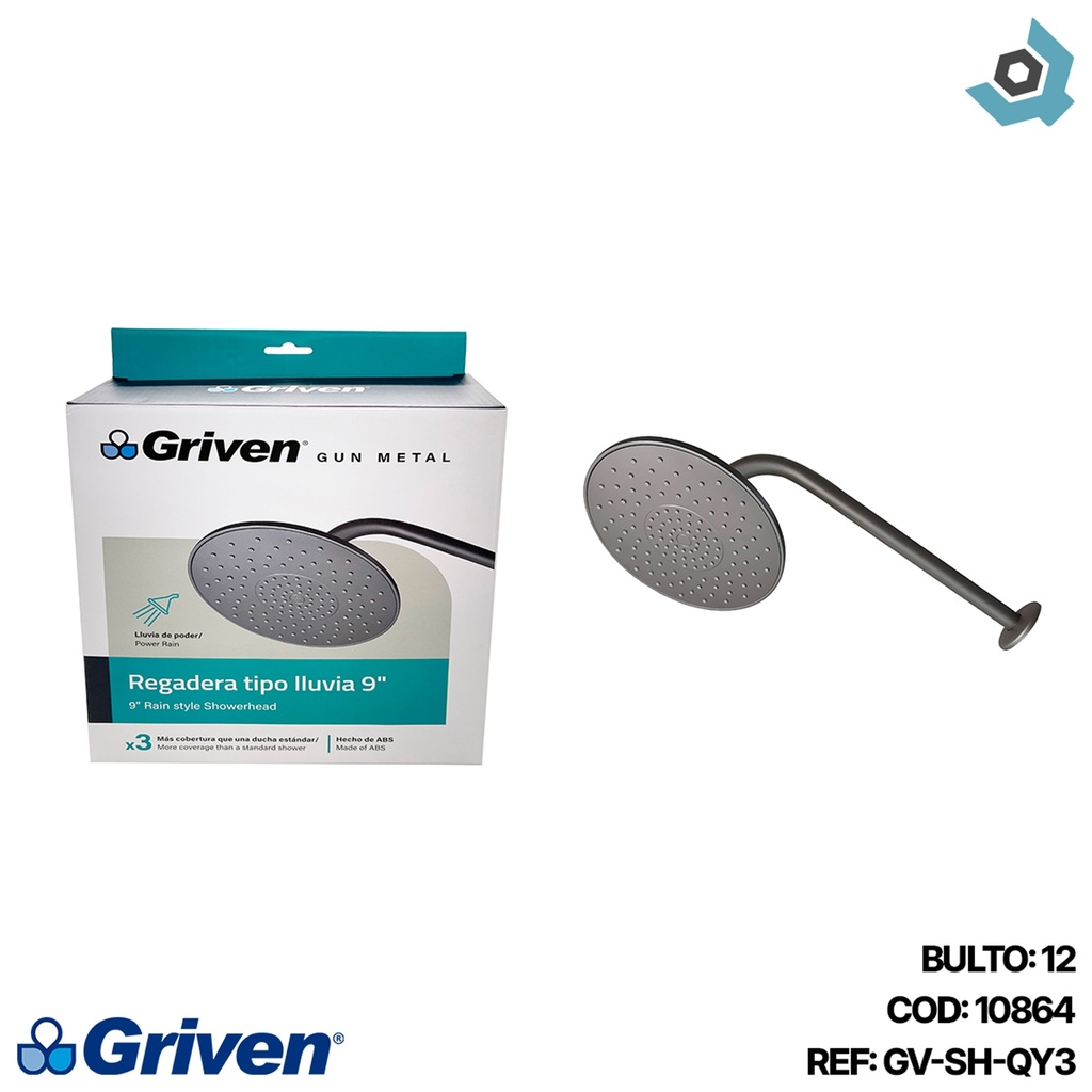 REGADERA PARA DUCHA TIPO LLUVIA REDONDA 9" GRIS METALICO GRIVEN GUN METAL | Litani Import Export